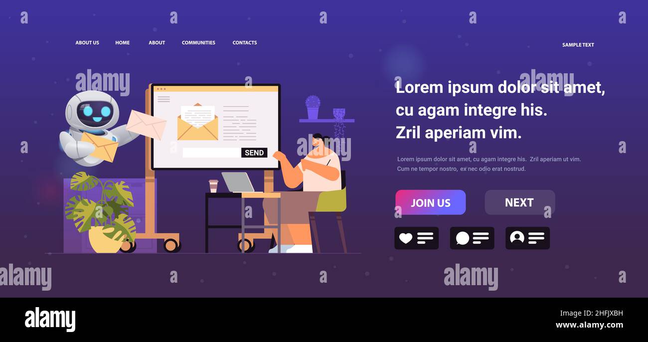 businesswoman with robot helper sending or receiving letters email ...