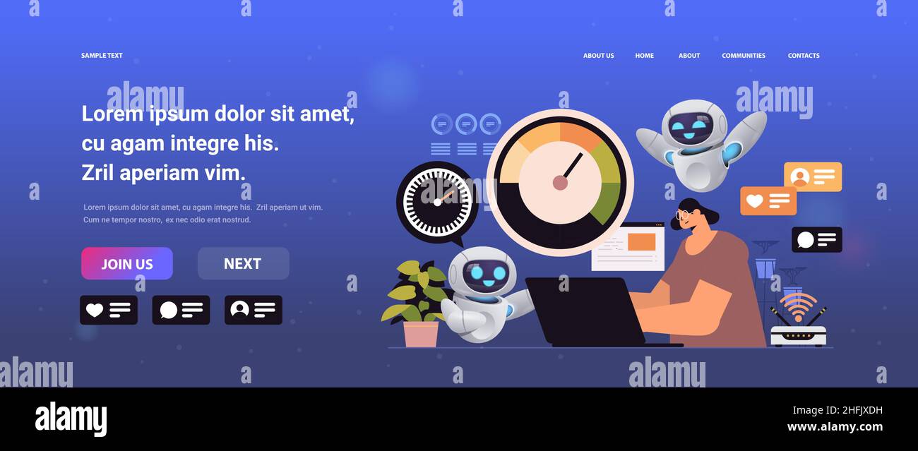 businesswoman with robots helpers working on laptop with stress scale ...