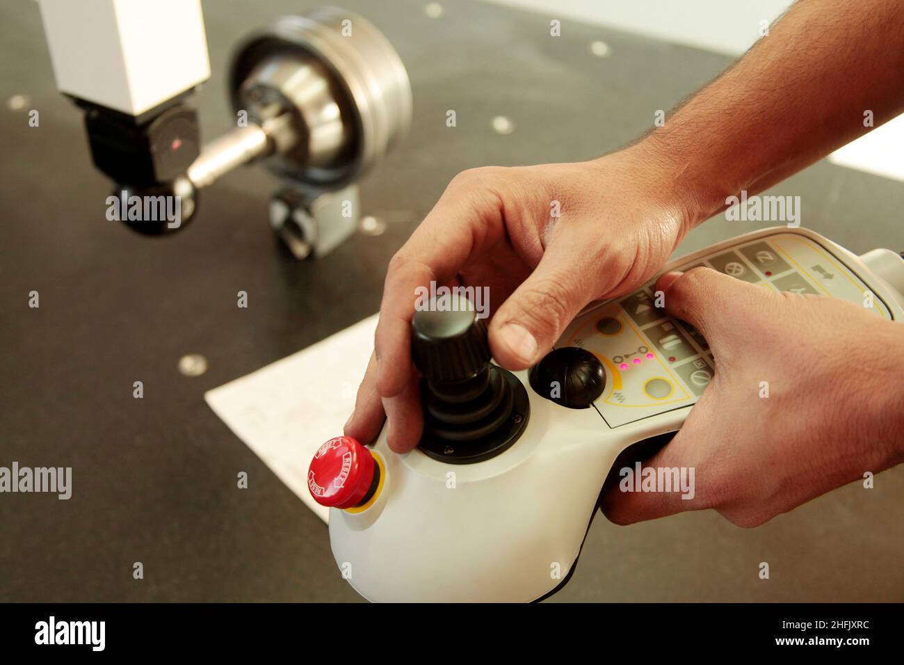 CMM probe measuring on steel cylinder. CMM probe Machine control ...