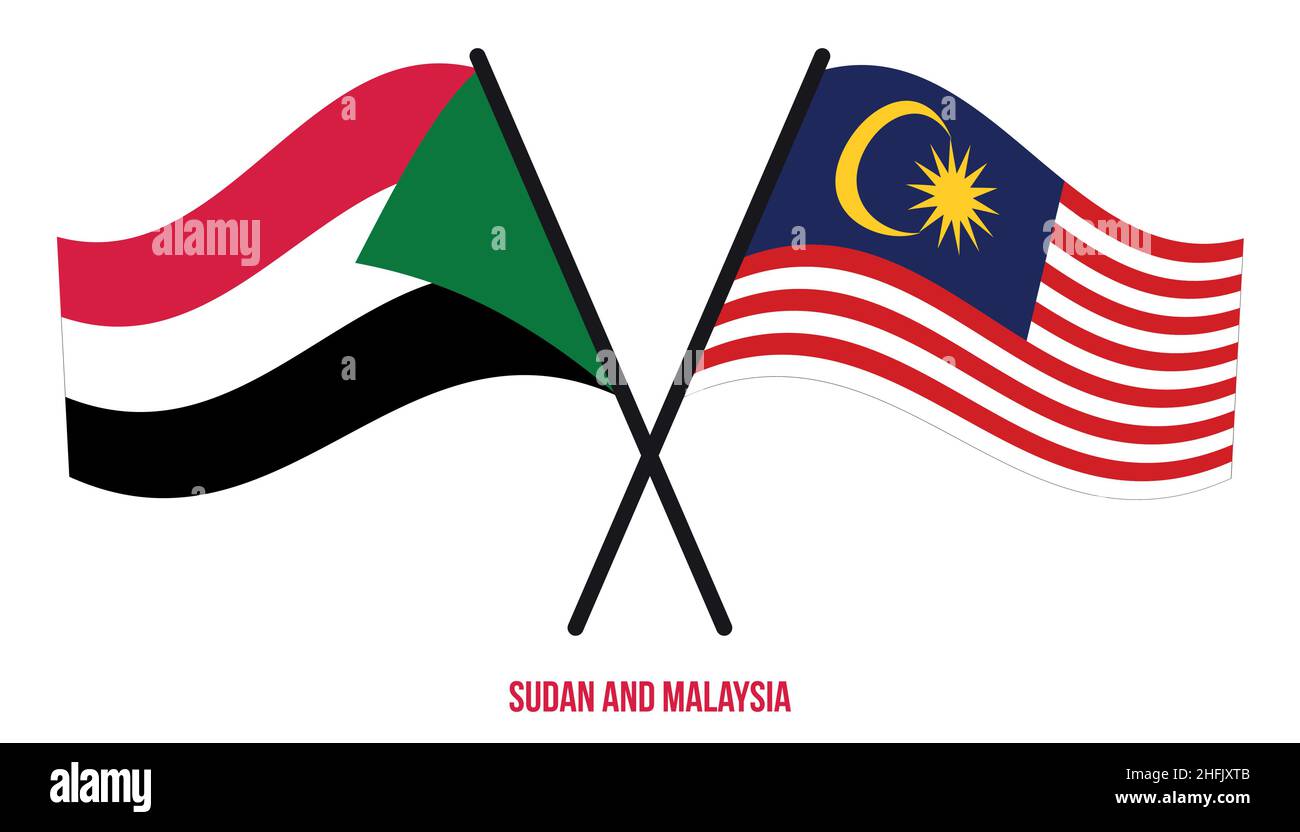 Sudan and Malaysia Flags Crossed And Waving Flat Style. Official ...