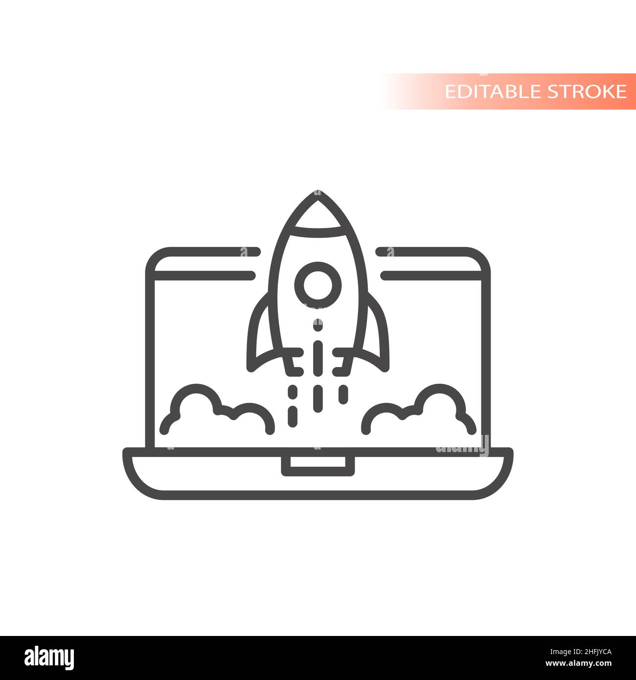 Rocket launch in laptop screen vector icon. Startup spaceship outlined ...