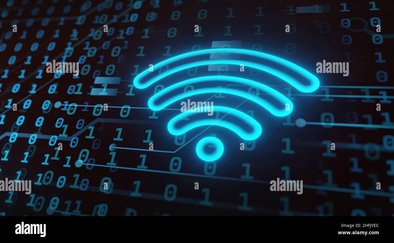 Wireless internet wifi connection. Big data binary code flow numbers. Global network high speed ...