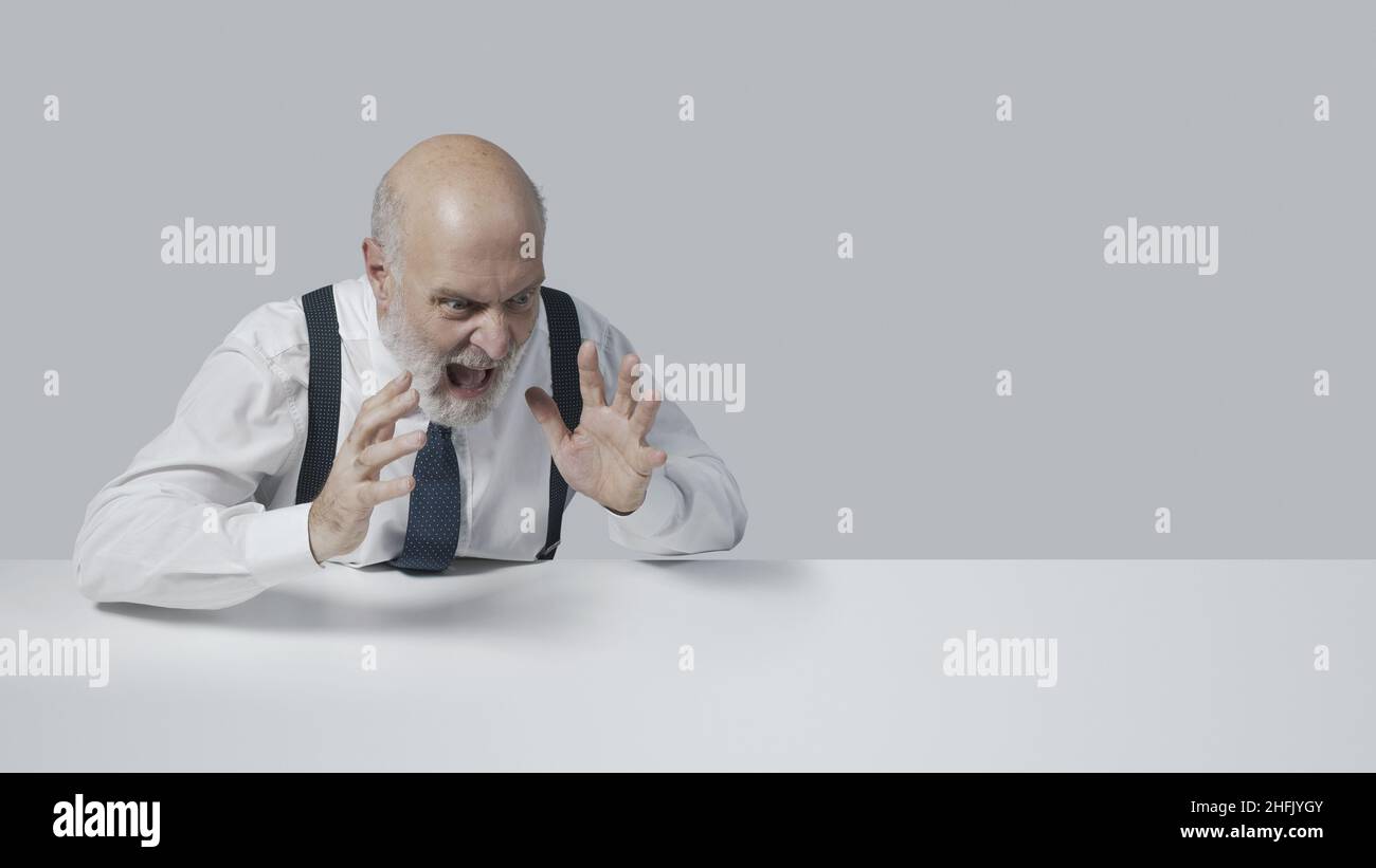 Angry rude boss shouting out loud, he is angry and aggressive, blank ...