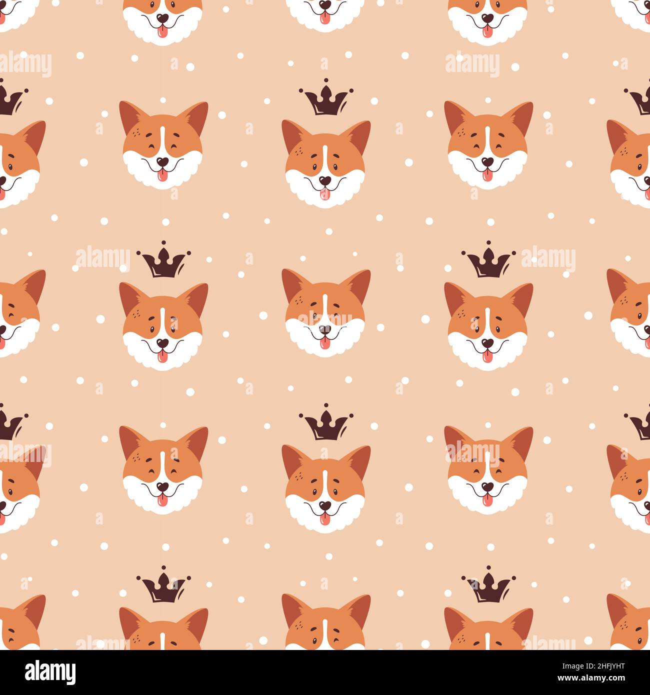 Corgi seamless pattern. Cute and happy welsh corgi faces with crowns ...