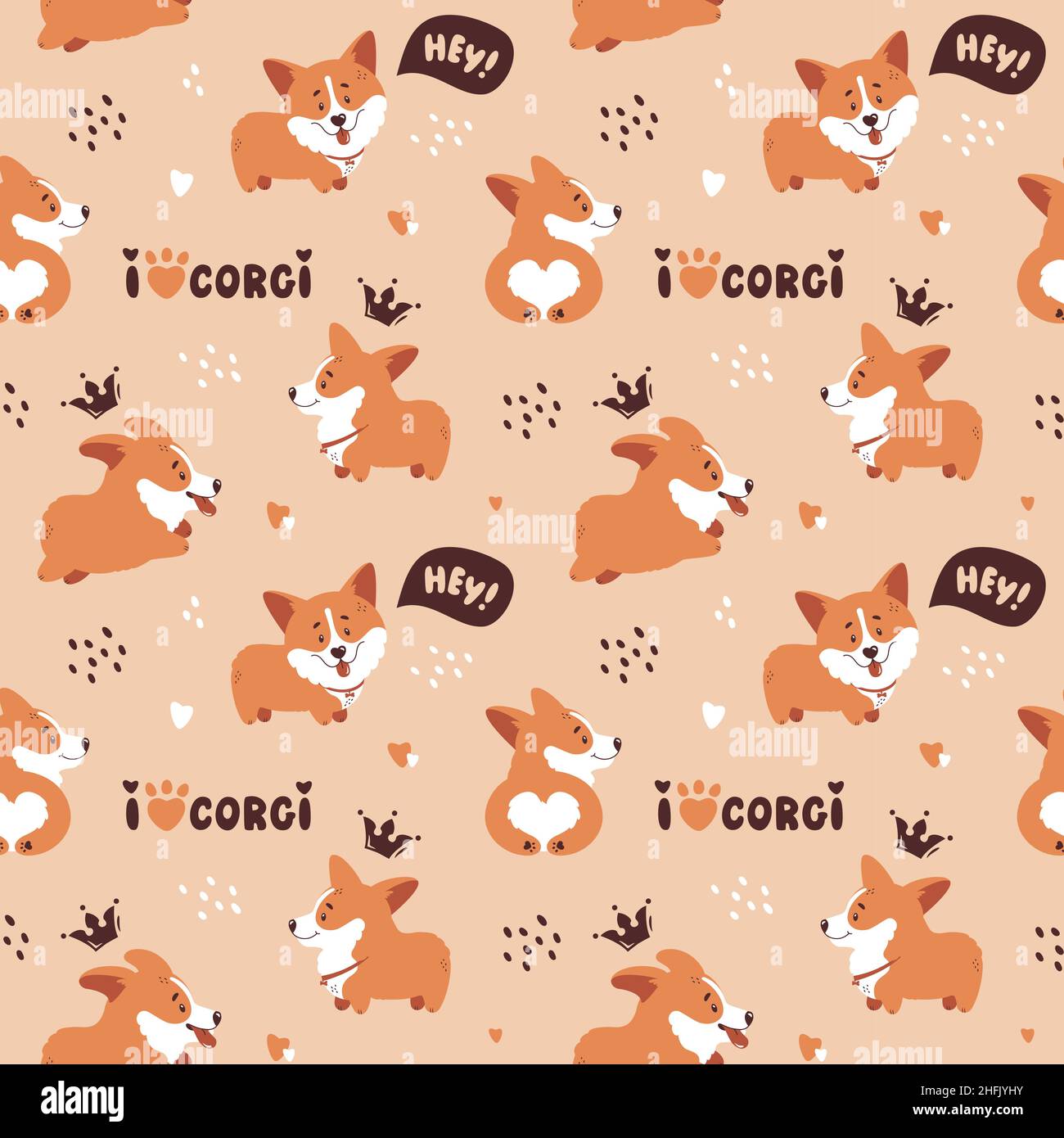 Corgi seamless pattern. Cute and happy welsh corgi puppies and hand ...