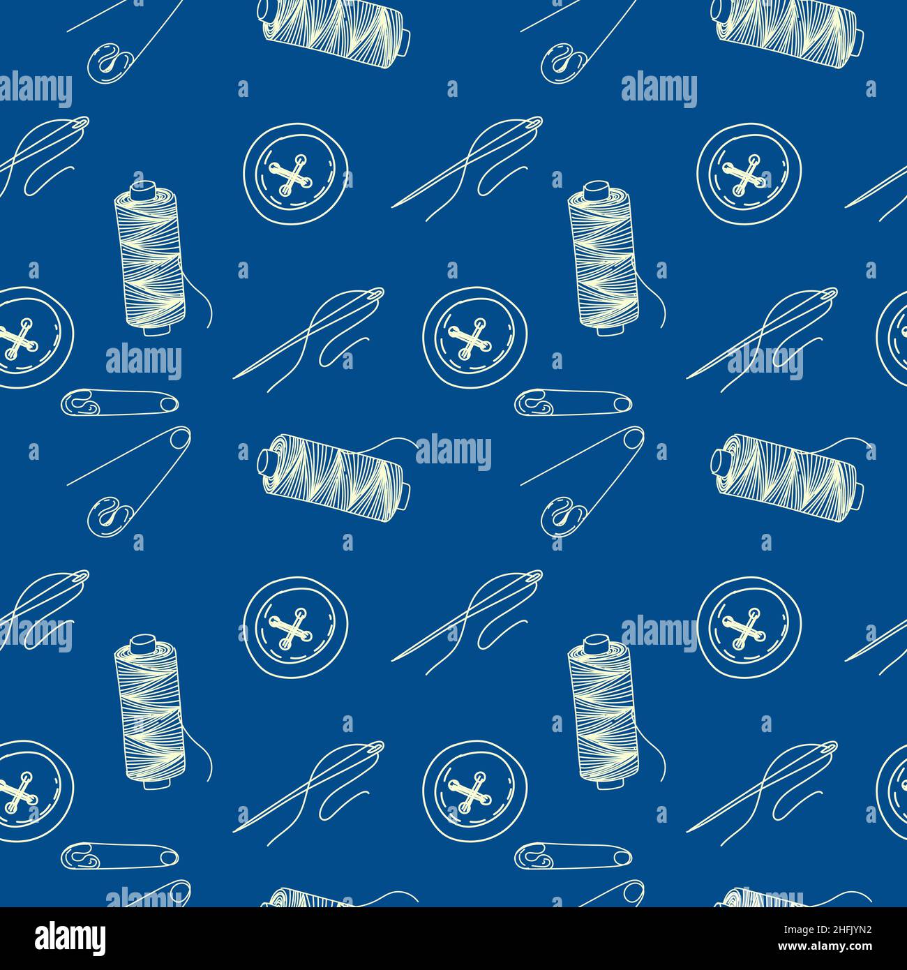 Monochrome seamless pattern of threads, buttons, needles and pins. A ...