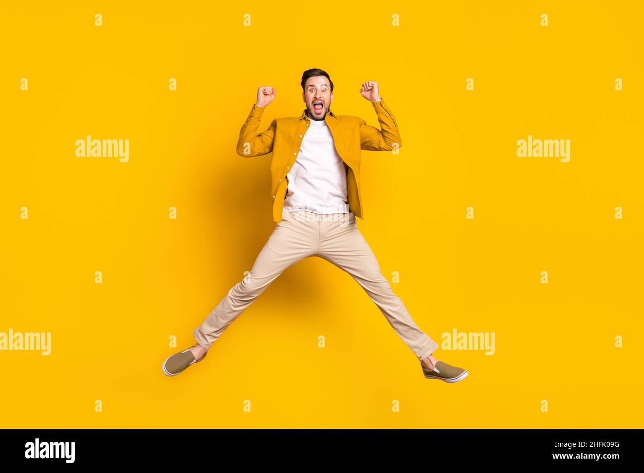 Full length photo of handsome lucky young guy wear casual clothes ...