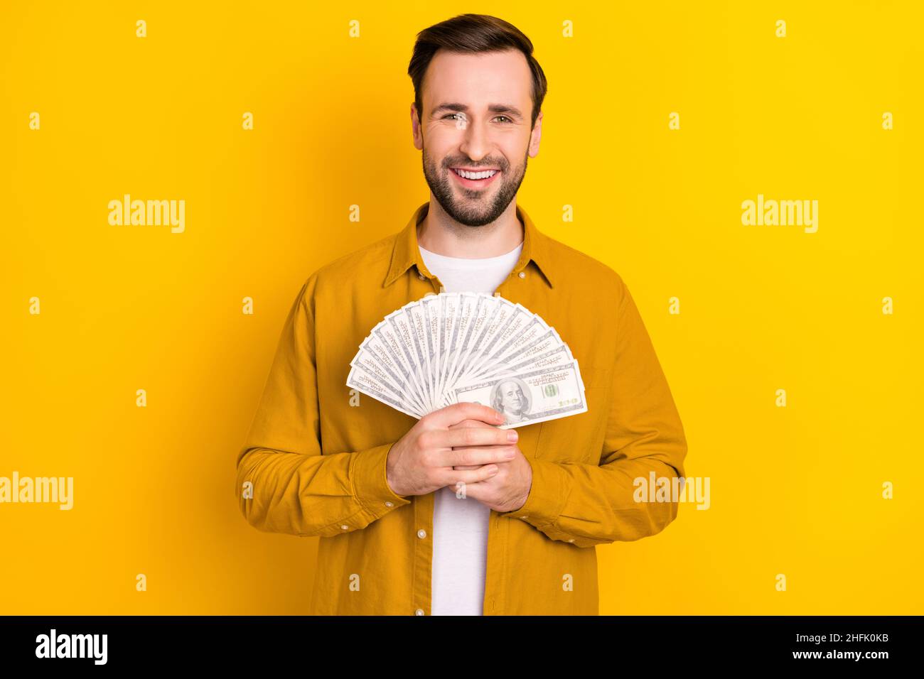 Photo of confident cheerful young gentleman dressed casual outfit ...