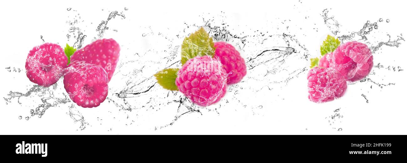 Fresh Raspberries with water splash on isolated white background Stock ...