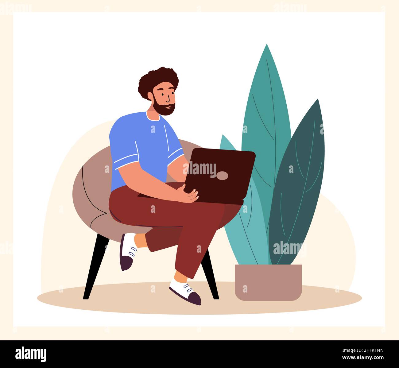 Man work with laptop through internet.Freelance IT worker working ...