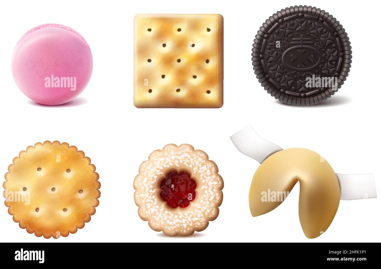 3d realistic vector collection of types of cookes. Crackers, macaroons ...