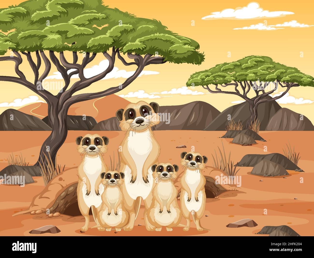 Desert background with a group of meerkats illustration Stock Vector ...