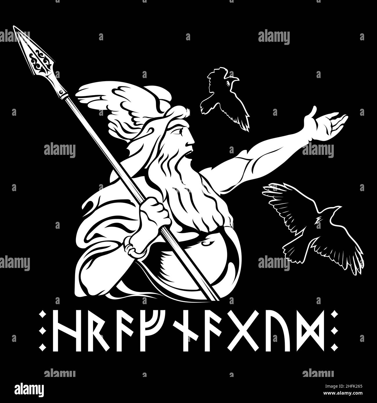 Design in Old Norse style. Ancient Norse God Wotan and Two Ravens ...