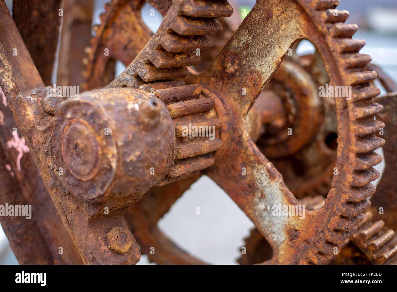 Details of a parts the moving parts of a rusty machine mechanical gear ...