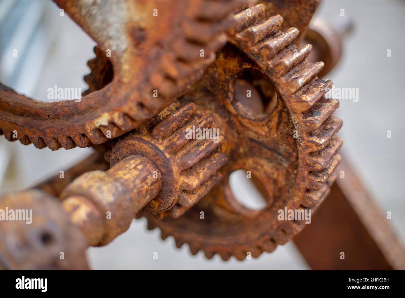 Details of a parts the moving parts of a rusty machine mechanical gear ...