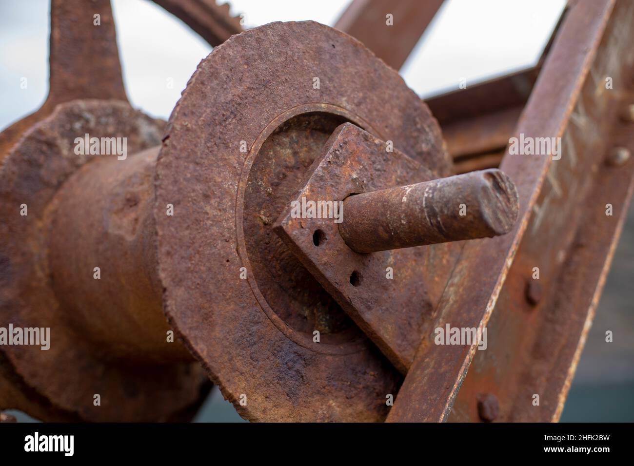 Details of a parts the moving parts of a rusty machine mechanical gear ...