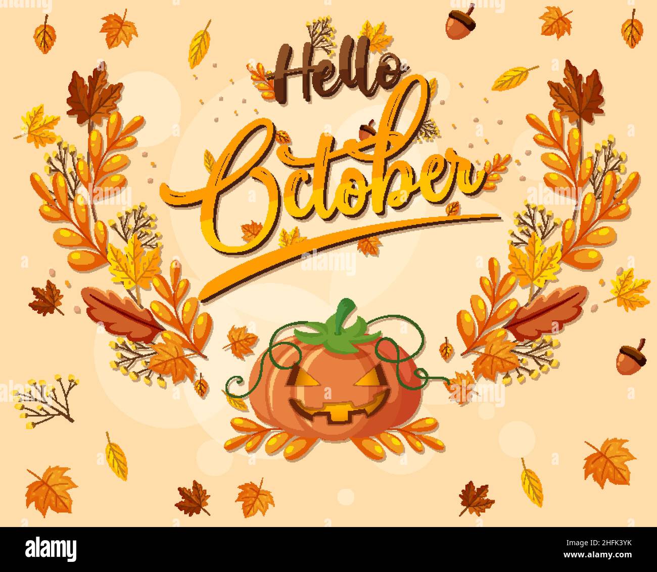 Hello October logo with ornamental autumn leaf illustration Stock ...