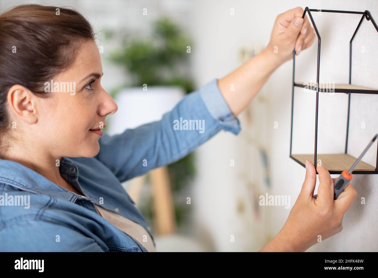 woman putting up small shelf at home using screwdriver Stock Photo - Alamy