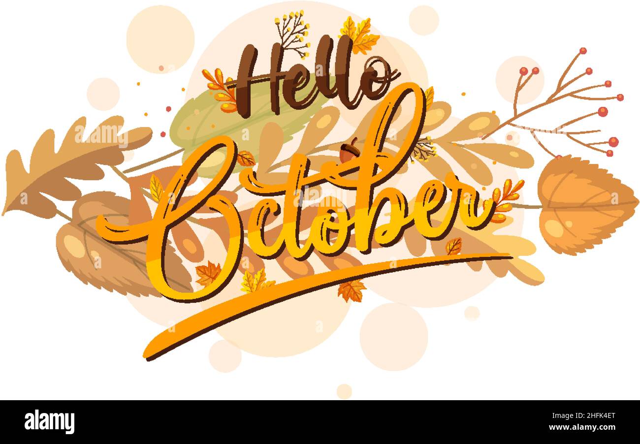 Hello October logo with ornamental autumn leaf illustration Stock ...