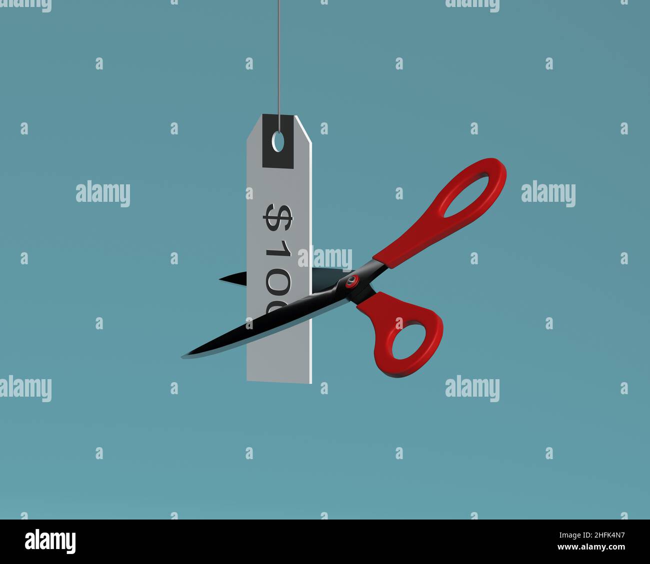 3D rendering. Metal scissors cut off one zero from the price of the ...