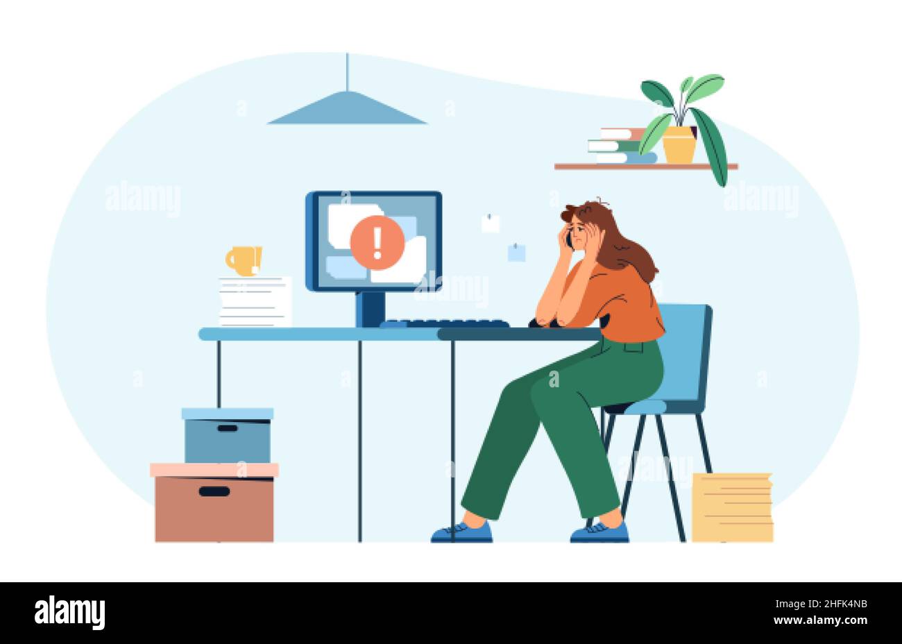 Flat tired exhausted woman office worker at computer desk on workplace ...