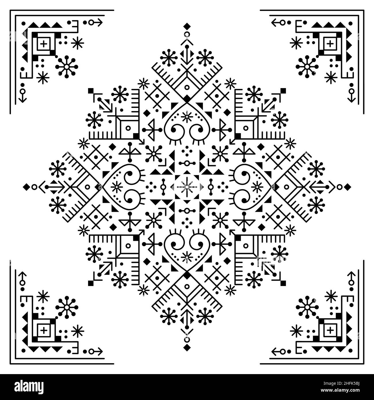 Tribal or neotribal line art vector mandala pattern with corners ...