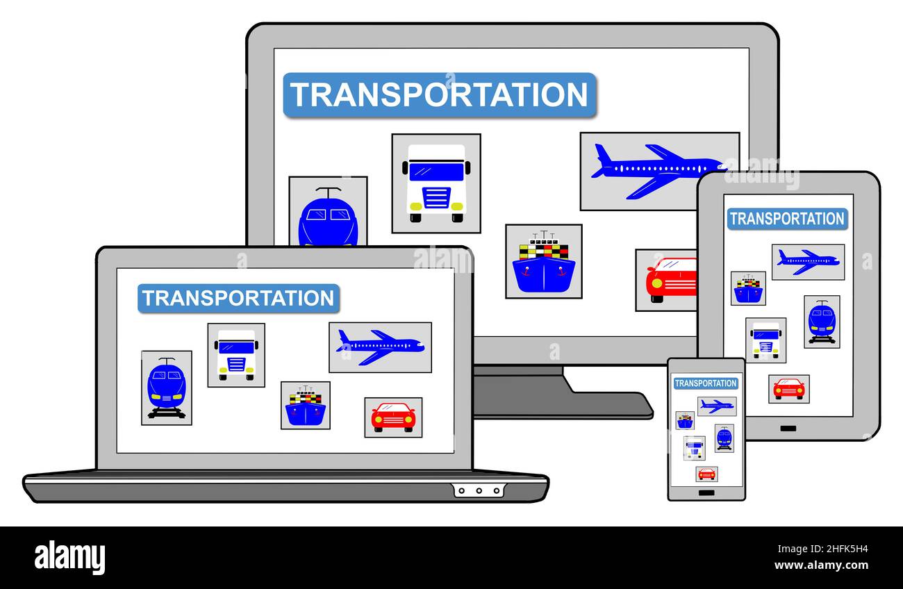 Transportation concept on different devices, isolated on white Stock ...