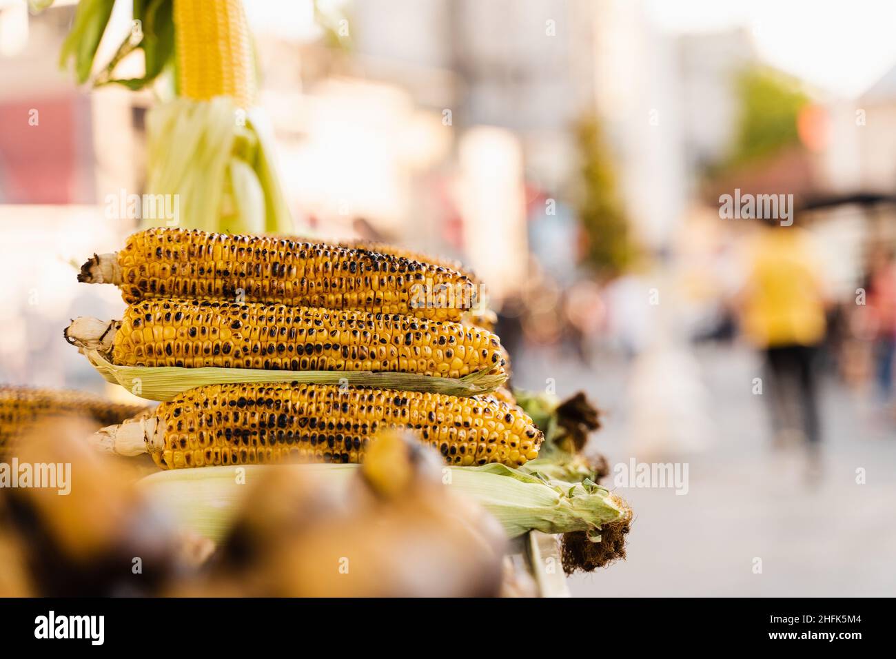 Fried corn on the grill on street. Healthy street food in Turkish ...