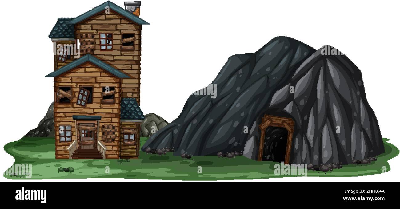 An abandoned house with a rock cave on white background illustration ...