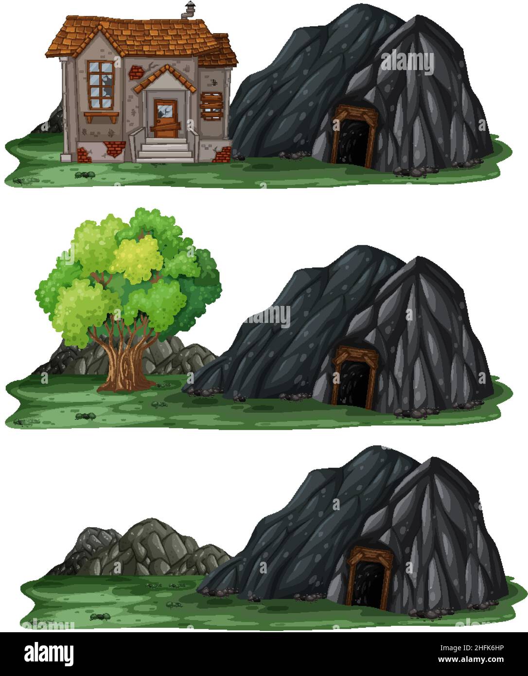 Set of different abandoned houses with rock cave illustration Stock ...