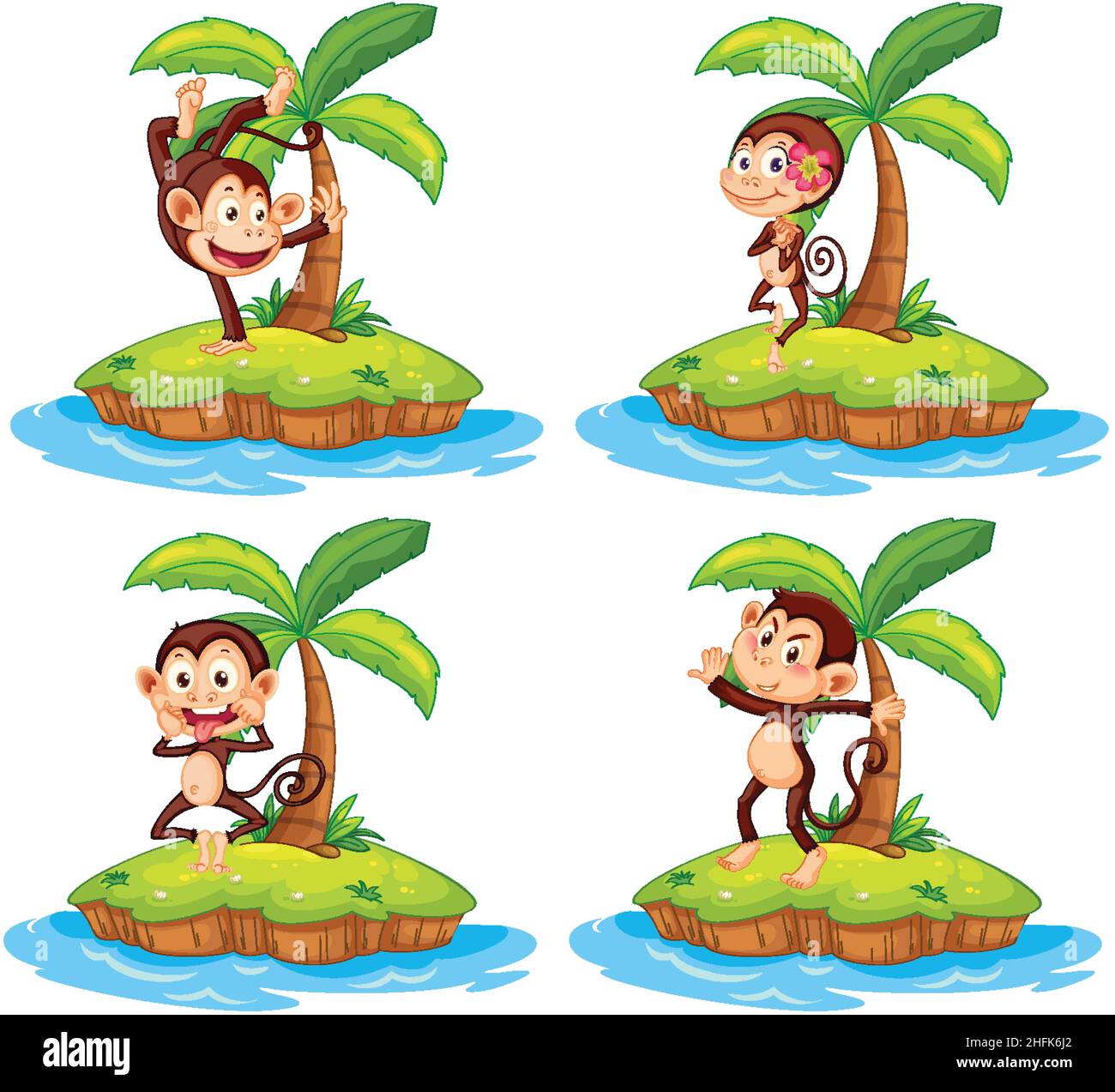 Set of different isolated islands with monkey cartoon characters ...