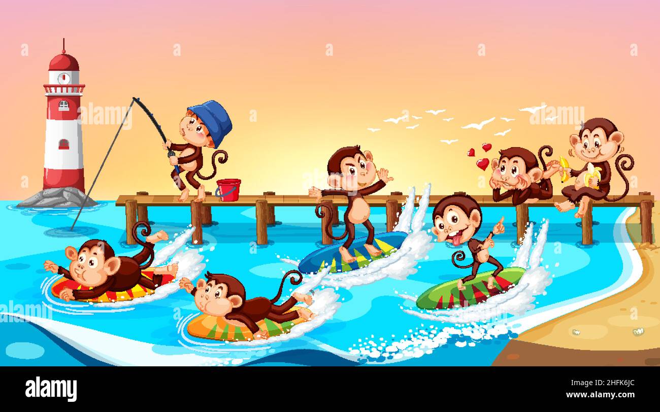 Beach scene with monkeys doing different activities illustration Stock ...