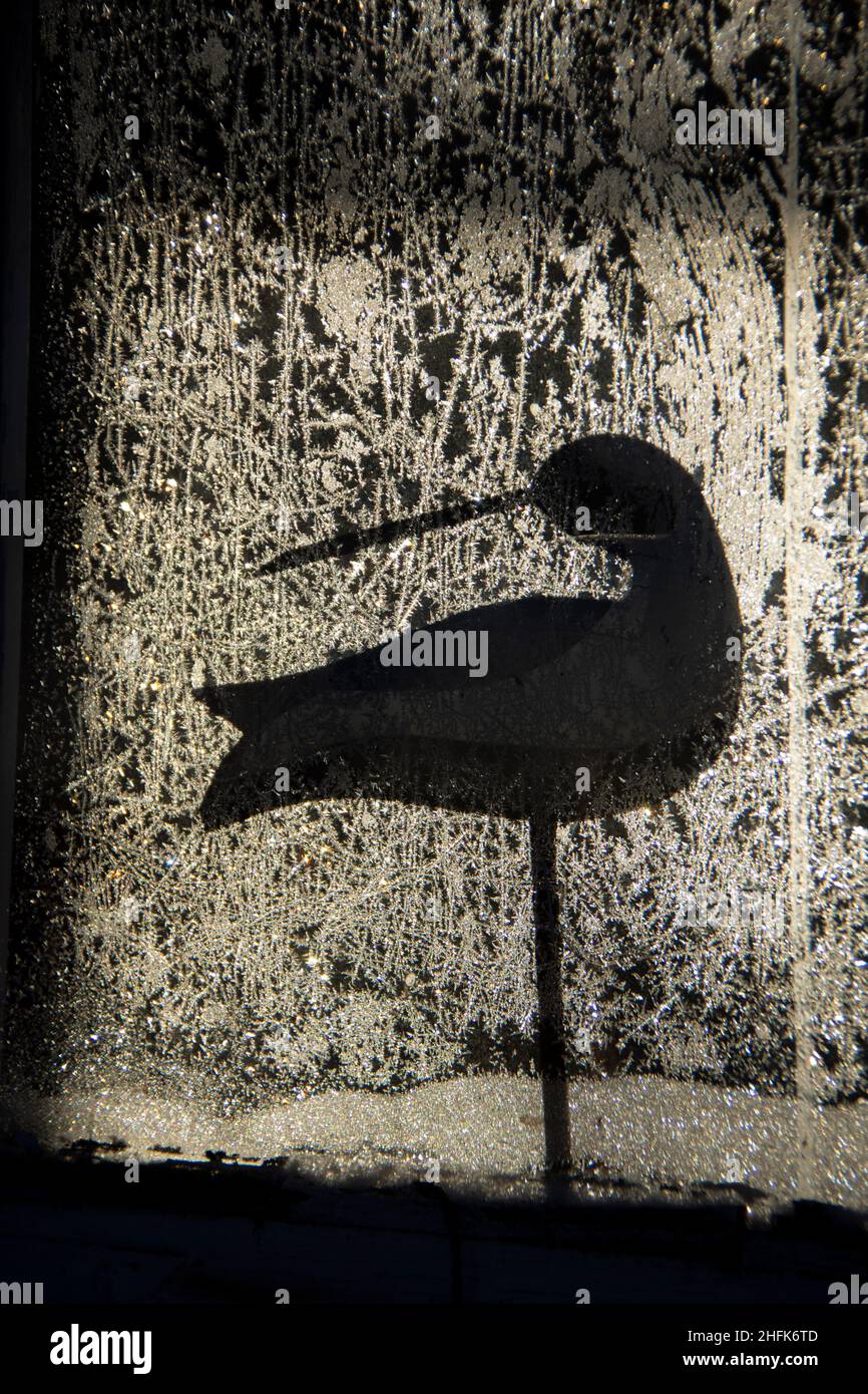 frosty winter window with wooden bird silhouette Stock Photo - Alamy