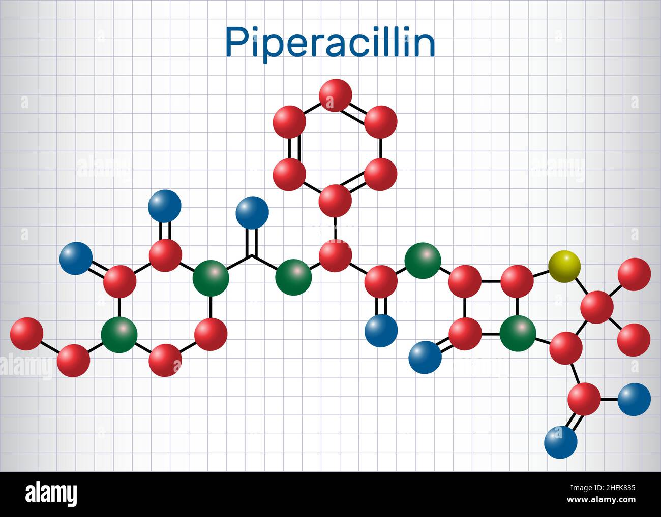 Piperacillin molecule. It is antibiotic drug. Sheet of paper in a cage ...