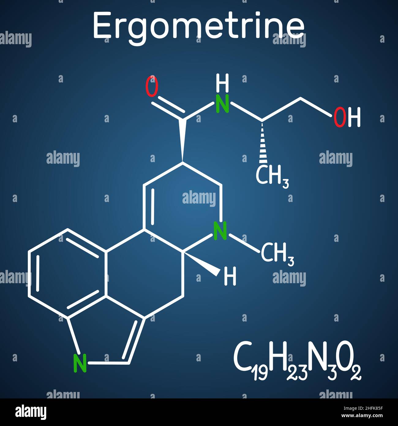 Ergometrine drug molecule. Structural chemical formula on the dark blue ...