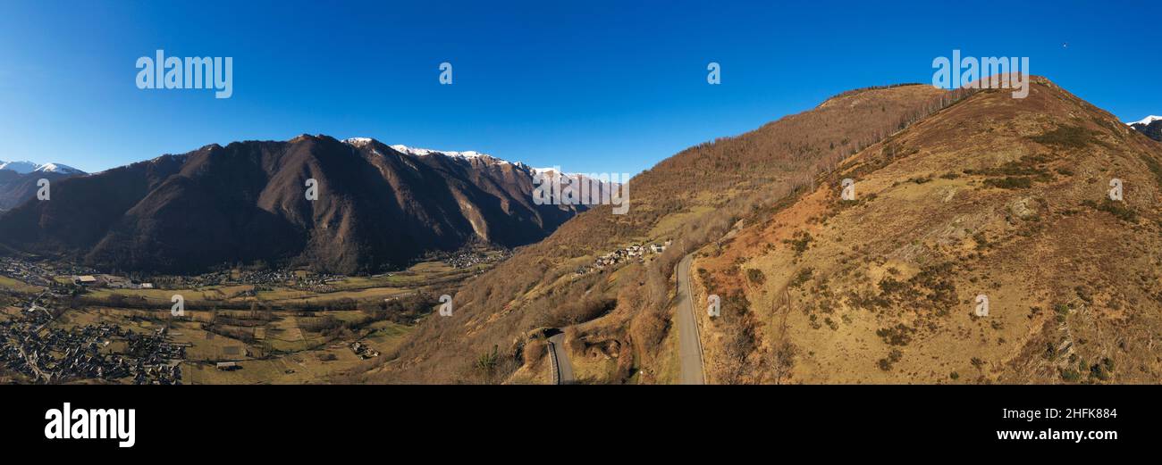 Aerial panoramic view of the Pyrenees chain from Bagnères de Luchon, in ...