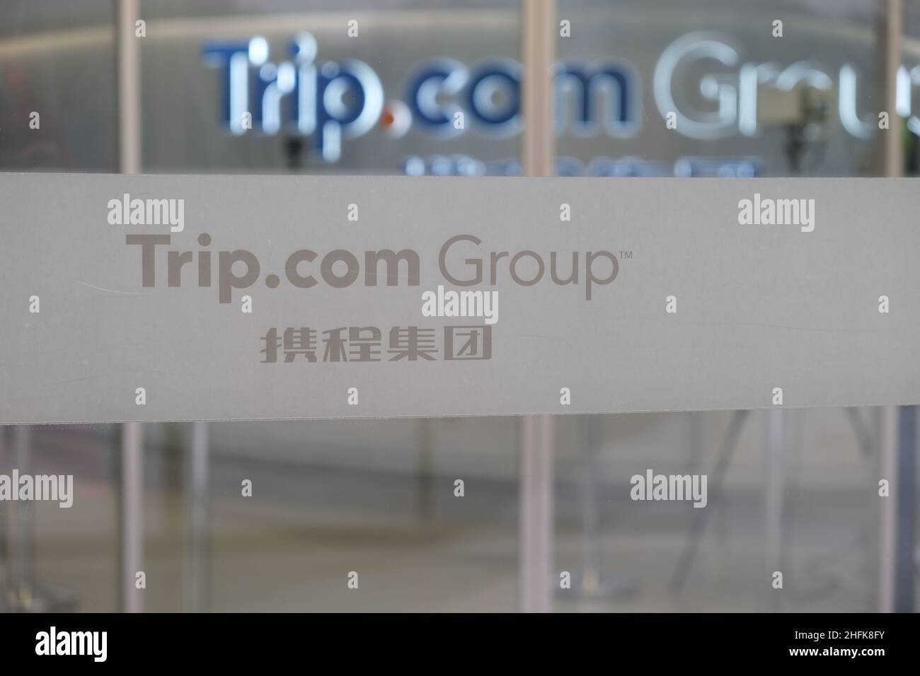 close up Trip.com Group Limited company logo at office. Formerly Ctrip ...