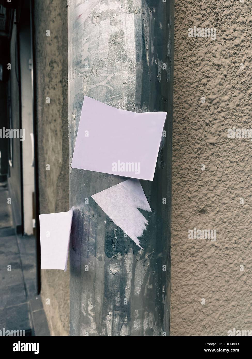 White paper sheet of advertisement on a pole against the background of ...