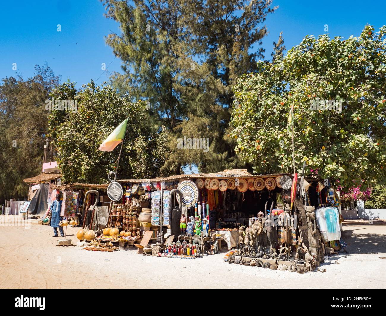 Lac Rose, Senegal - February 2019: Wooden booths with various souvenirs ...
