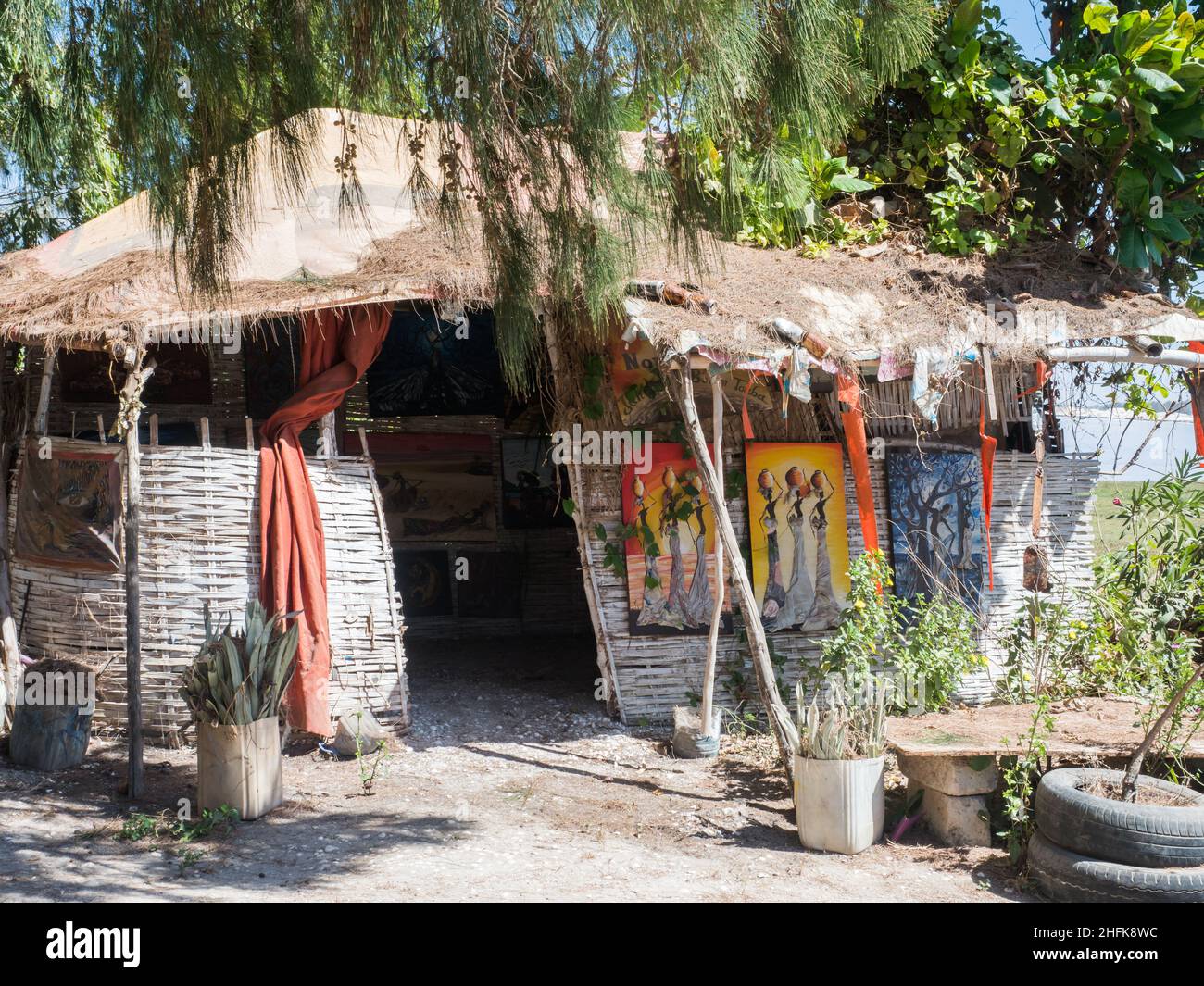 Lac Rose, Senegal - February 2019: Wooden booths with various souvenirs ...