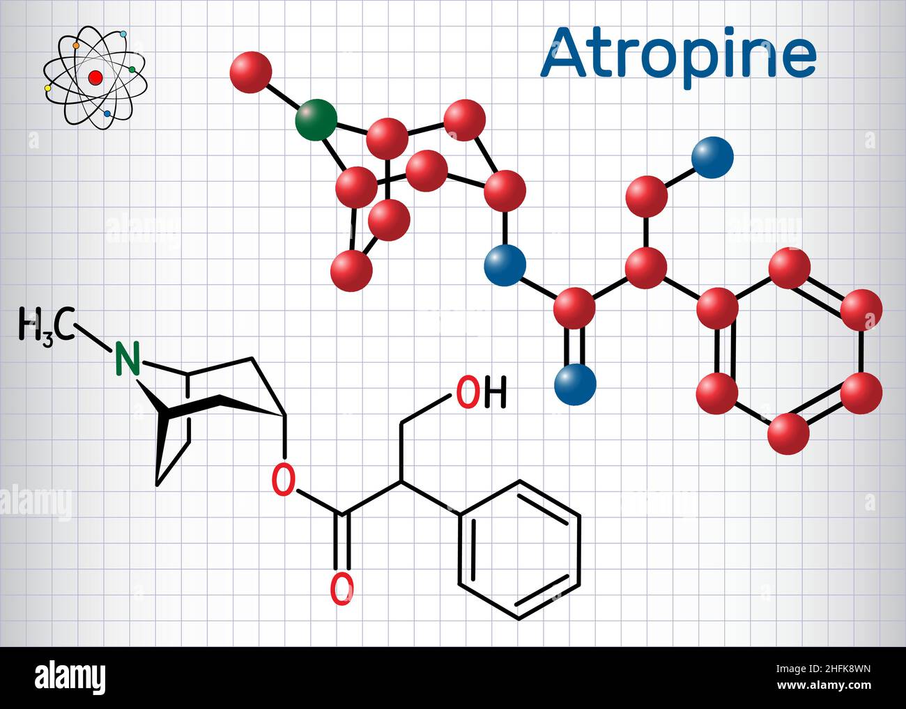 Atropine drug molecule. It is plant alkaloid. Sheet of paper in a cage ...