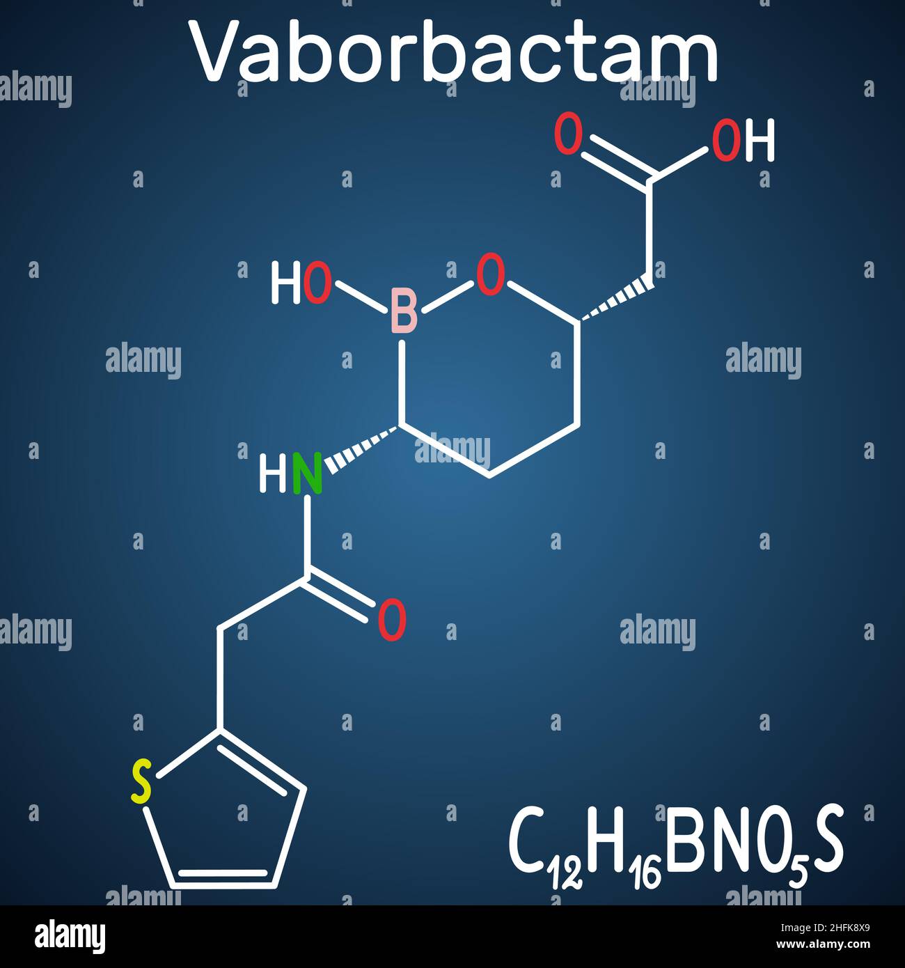 Vaborbactam drug molecule. Structural chemical formula and molecule ...