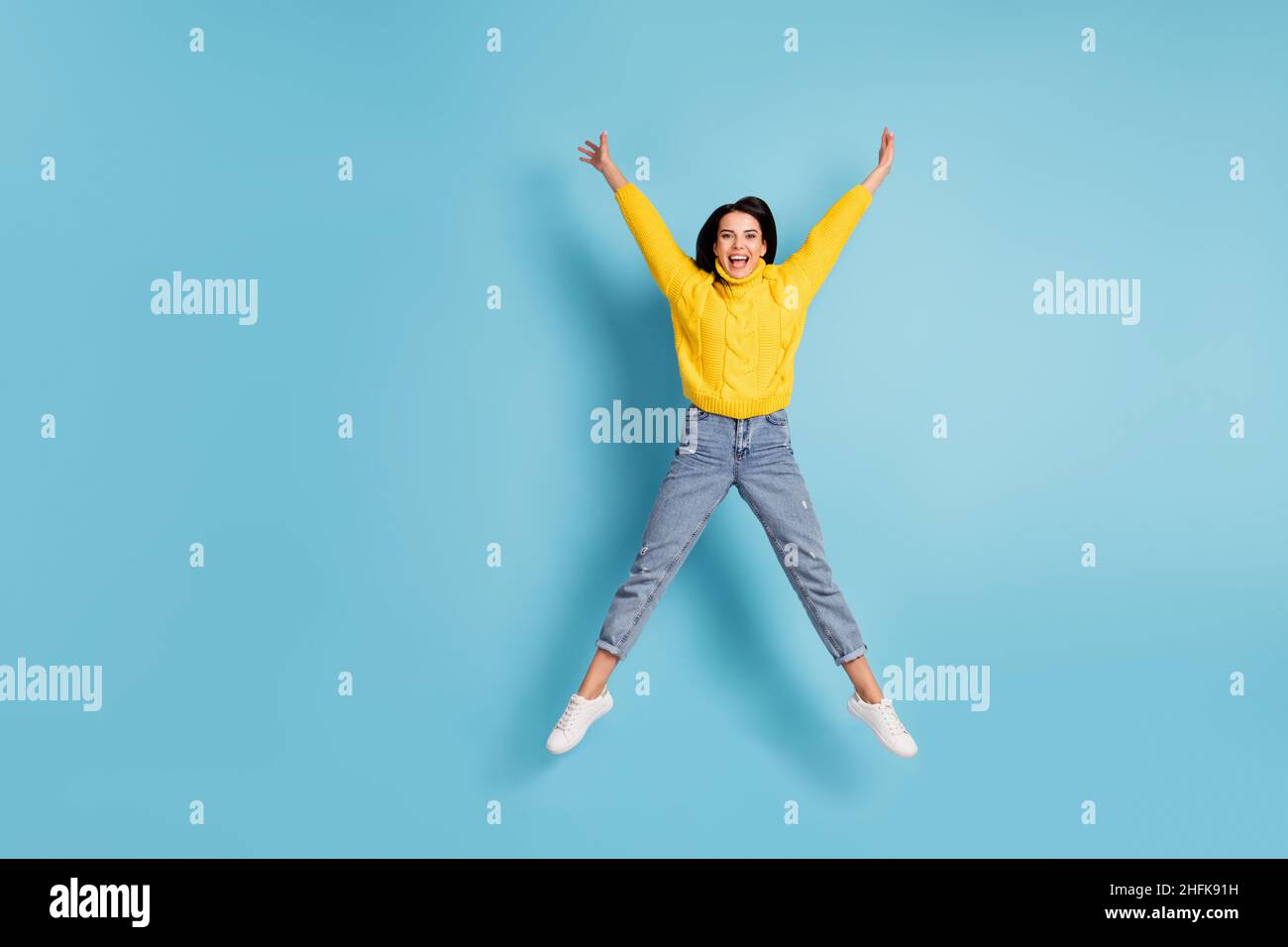 Full length bdoy size view of attractive cheerful girl jumping having ...