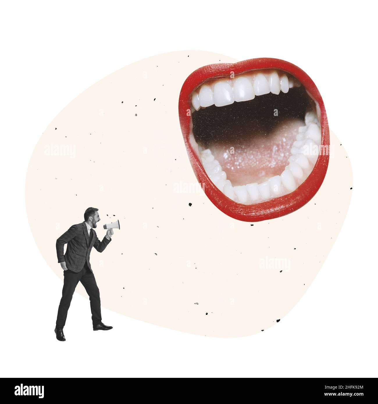 Contemporary art collage. Businessman, project leader shouting in ...