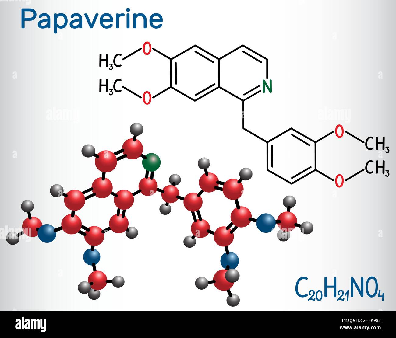 Papaverine molecule. It is opium alkaloid antispasmodic drug ...