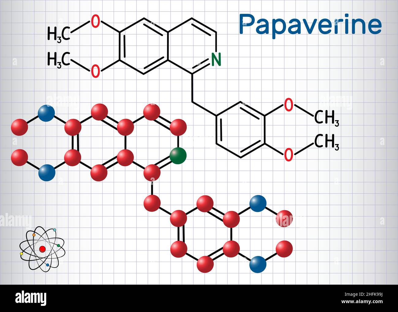 Papaverine molecule. It is opium alkaloid antispasmodic drug ...