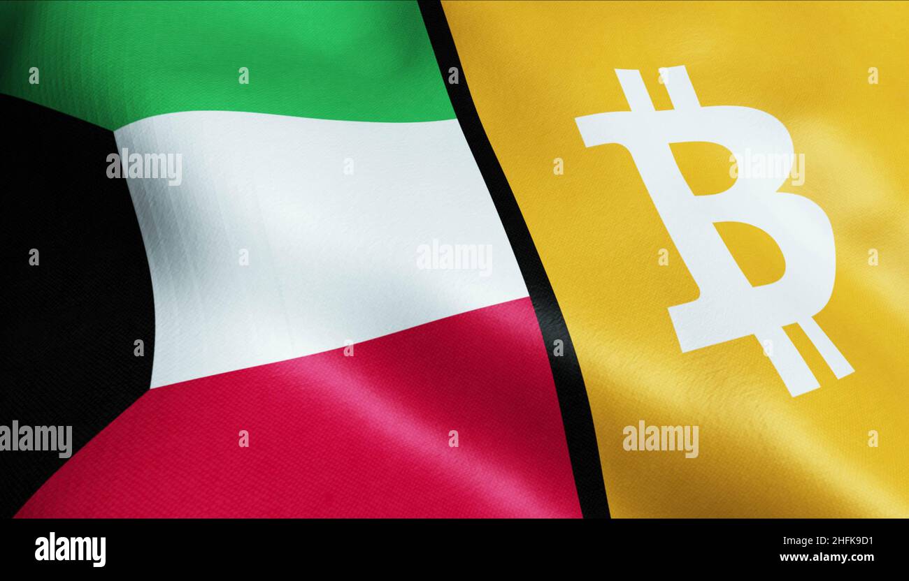 3D Illustration of waving Bitcoin and Kuwait flag Stock Photo - Alamy