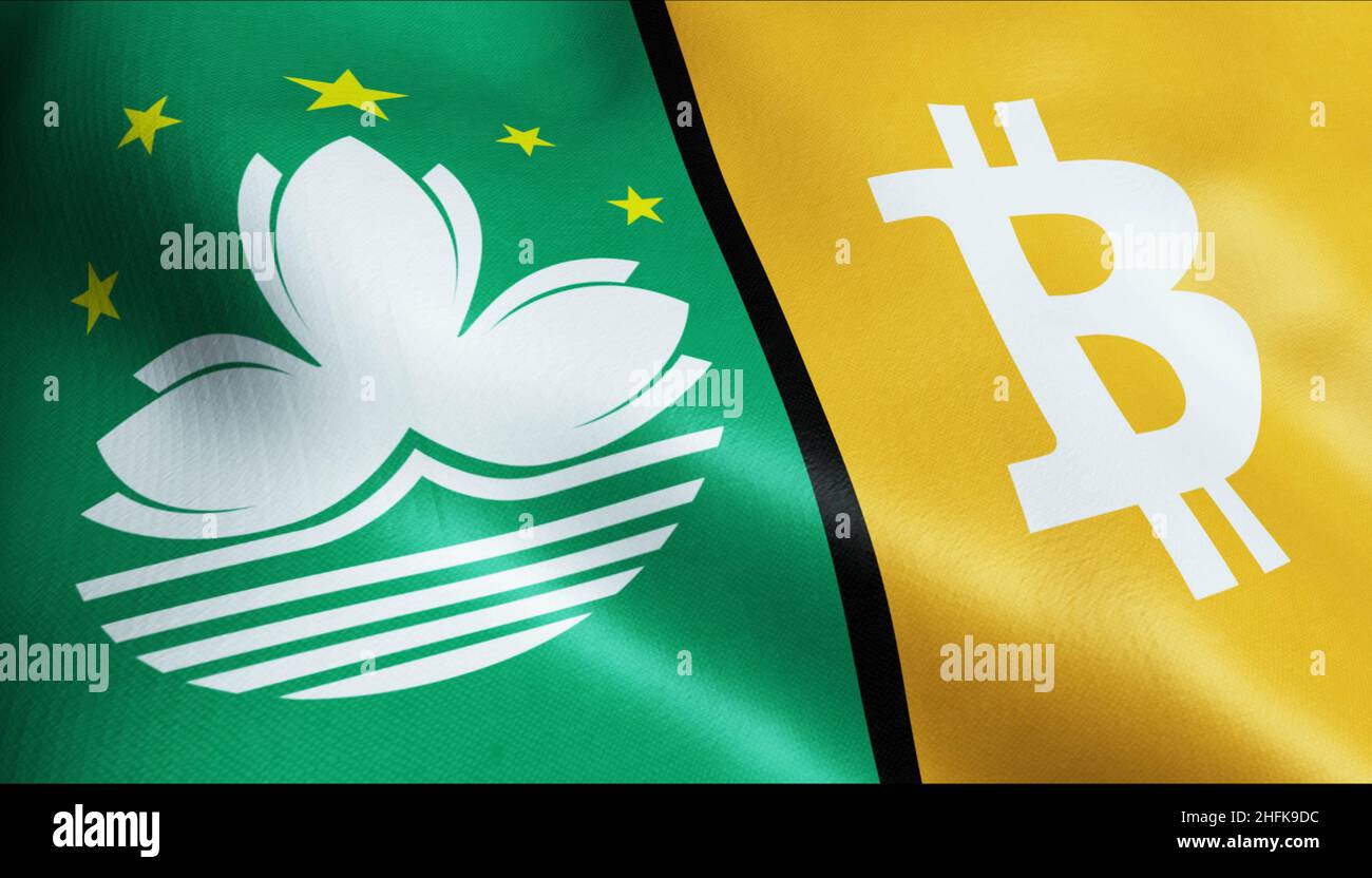 3D Illustration of waving Bitcoin and Macao flag Stock Photo - Alamy