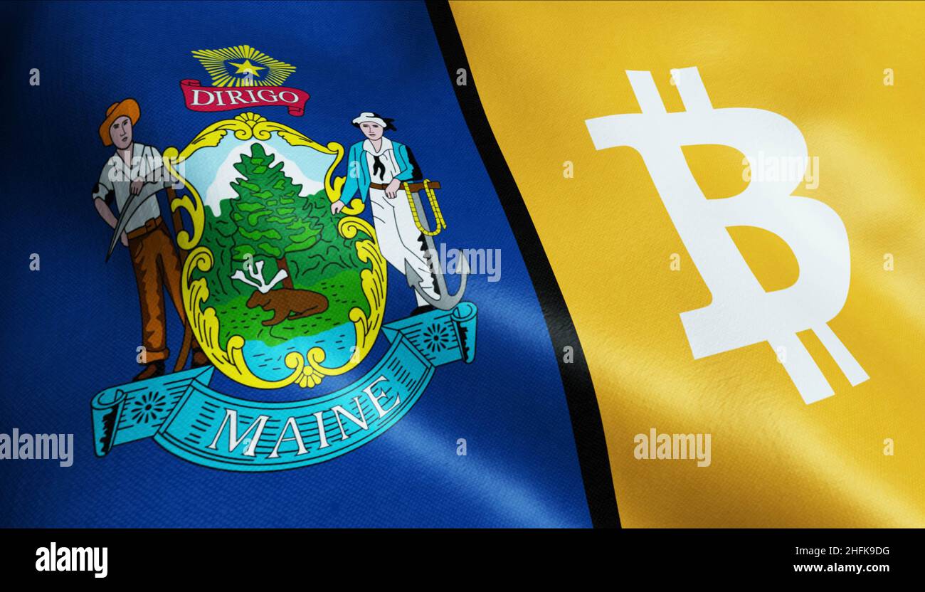 3D Illustration of waving Bitcoin and Maine flag Stock Photo - Alamy
