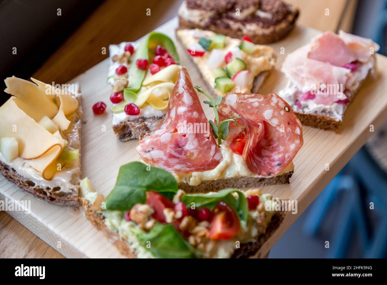 Plate with Scandinavian style open-faced colorful sandwiches Stock ...